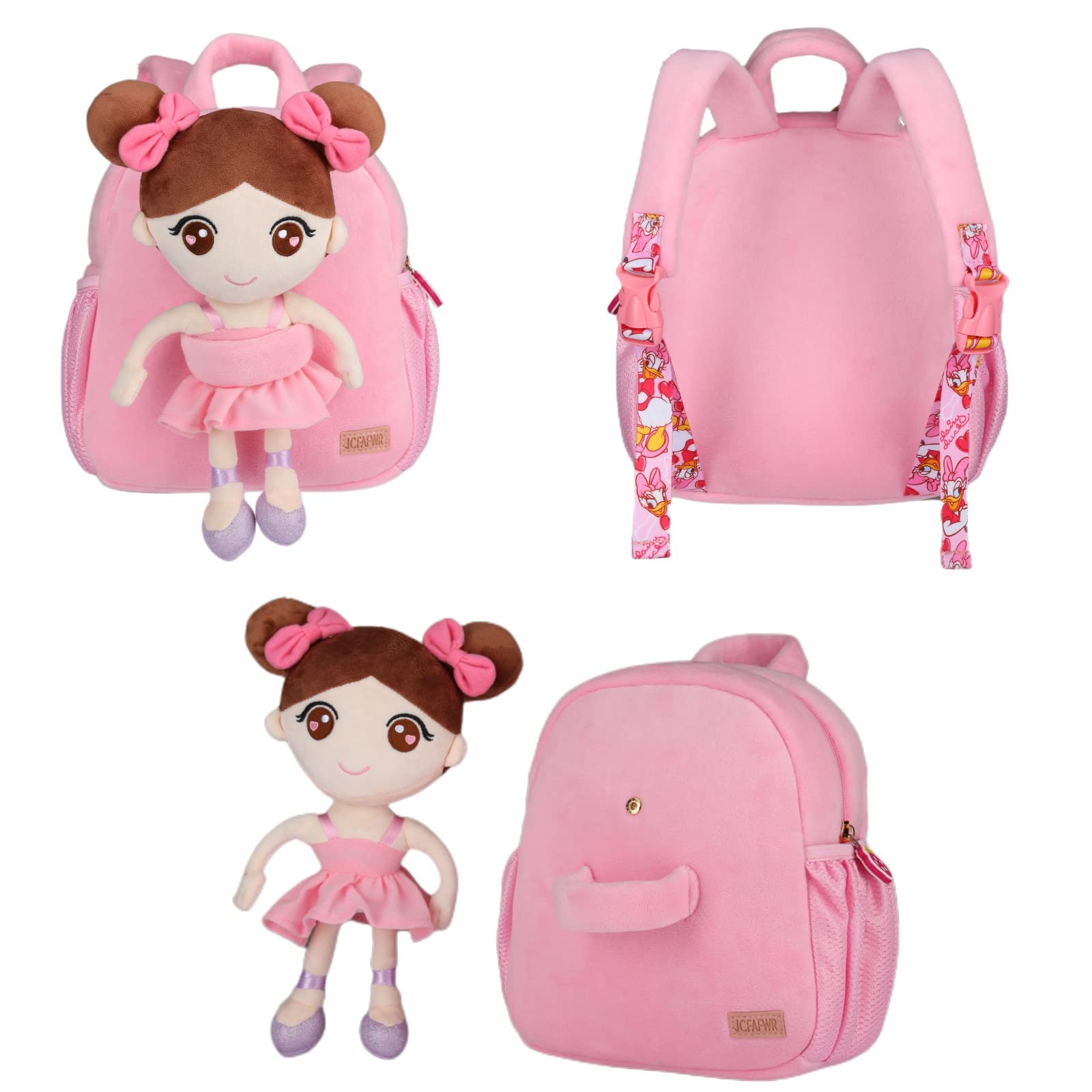 JCFAFWR Toddler Backpacks for Girls 2-4, Lightweight Cute Kids Backpack Detachable Plush Doll Preschool Backpack(PINK-H)