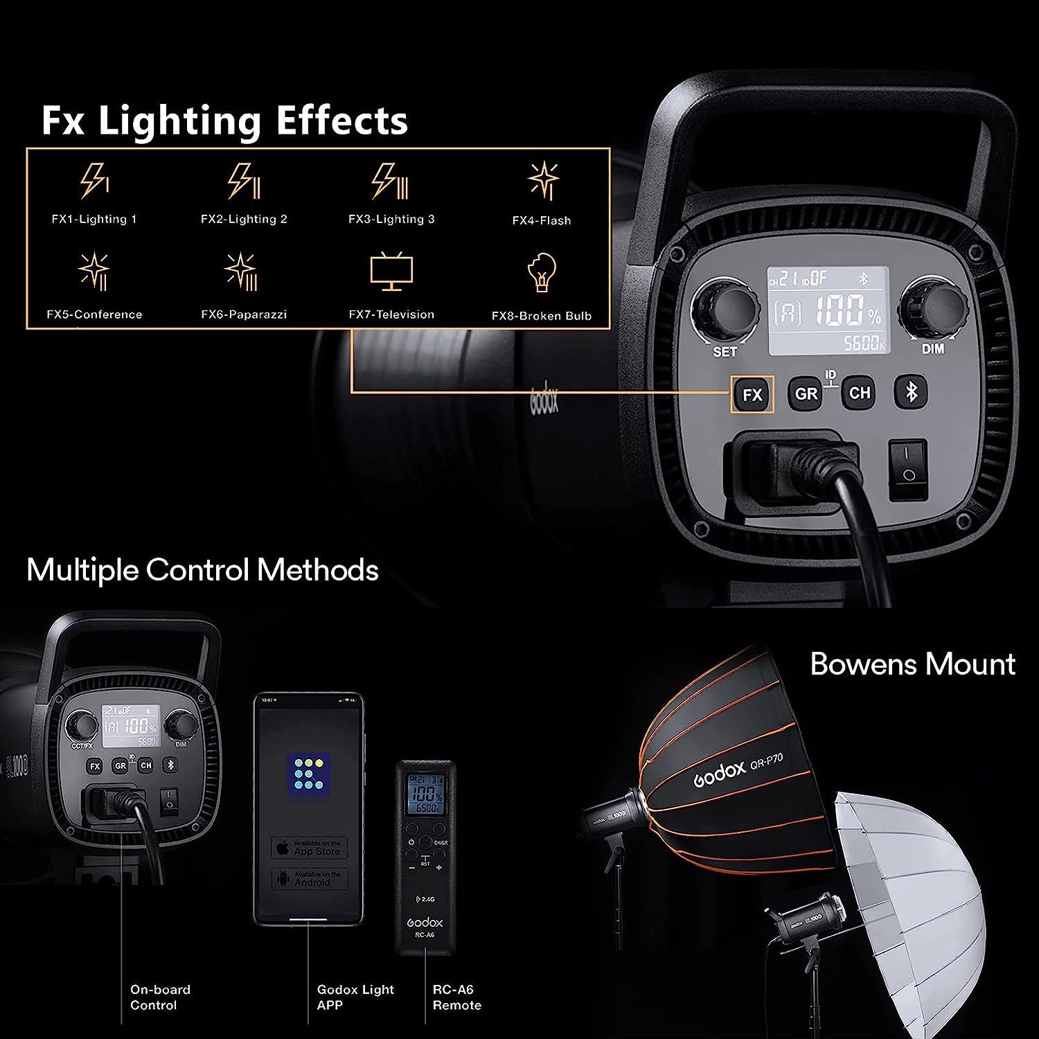 Godox SL60IID 70W LED Video Light, 18600Lux@1M 5600K COB LED Continuous Light, Bluetooth App&2.4G Wireless Remote Control 8 Built-in Fx Effects, TLCI/CRI 97+/96+Bowens Mount Studio Light