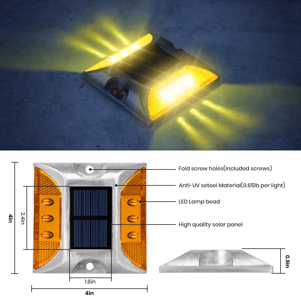 NPKRRSK Solar Raised Pavement Marker High Brightness IP68 Waterproof Solar Powered Reflector Road Outliner Solar Blinker Light for Anti-diecast Aluminum Protruding Signs Safety Warning 8PCS (Yellow)