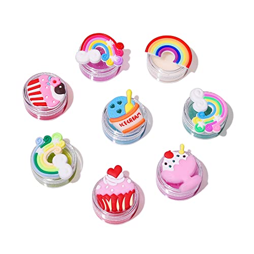 Mebtmel 8PCS Cute Lip Gloss for Girls, Party Favors Lip Balm Set for Kids, Assorted Fruity Flavors Cute Cupcake of Rainbow Designs Birthday Gift