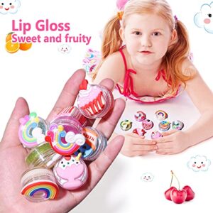 Mebtmel 8PCS Cute Lip Gloss for Girls, Party Favors Lip Balm Set for Kids, Assorted Fruity Flavors Cute Cupcake of Rainbow Designs Birthday Gift