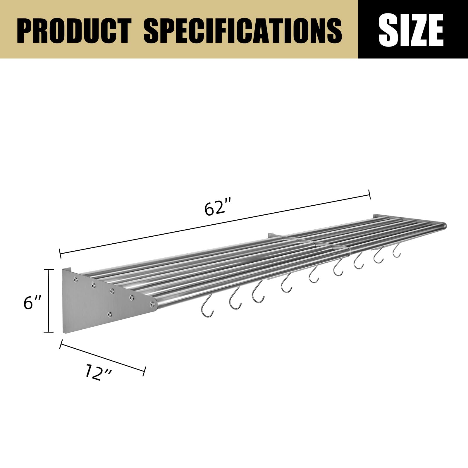 HALLY Stainless Steel Shelf Pot Rack with 9 S Hooks 12" x 62" Wall Mounted, NSF Commercial Floating Shelving for Storage Hanging Pots, Pans, cookware in Restaurant, Kitchen, Home and Hotel