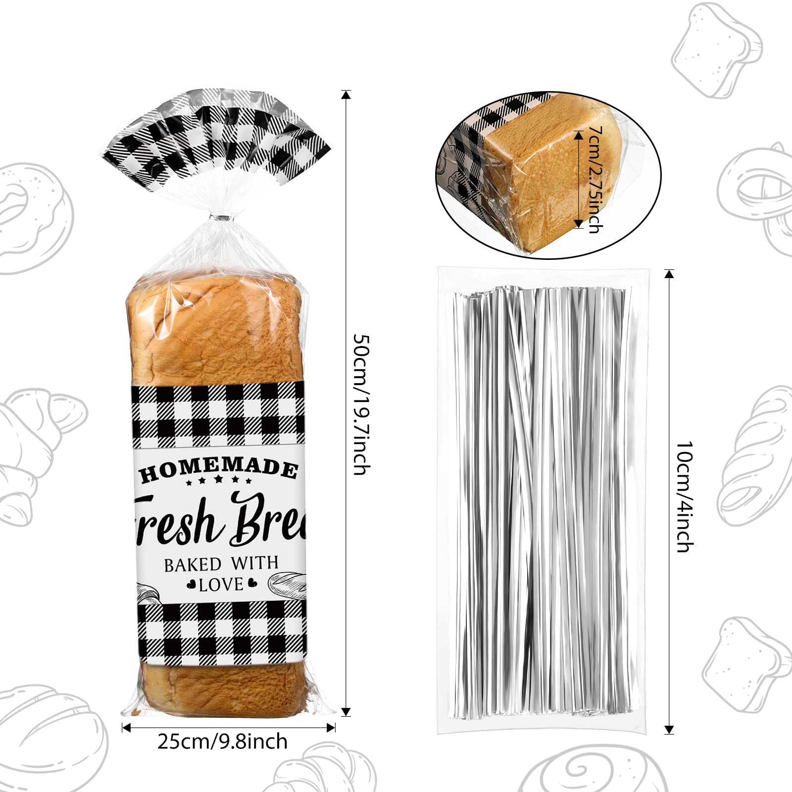 Bread Bags for Homemade Bread Christmas Plastic Bread Bags with Twist Ties Clear Bread Bags Black Buffalo Plaid Baked Bread Bags Fresh Bread Bag for Home Bakers and Bakery 10 x 20 Inch (50 Pcs)