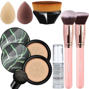 air cushion cc cream mushroom head foundation, 2 pcs amazfly moisturizing bb cream face primer makeup long lasting matte concealer bright makeup base long lasting with mushroom makeup sponge and powder brush (natural+face primer)