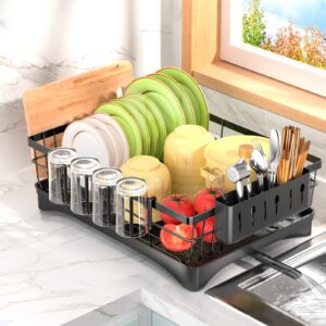 dish drying rack, stainless steel dish rack, large 1 tier drying rack, kitchen counter dish rack durable, dish drainer with drainboard over sink for cups, knives, spoons, and forks (l16.9"*w12.5")