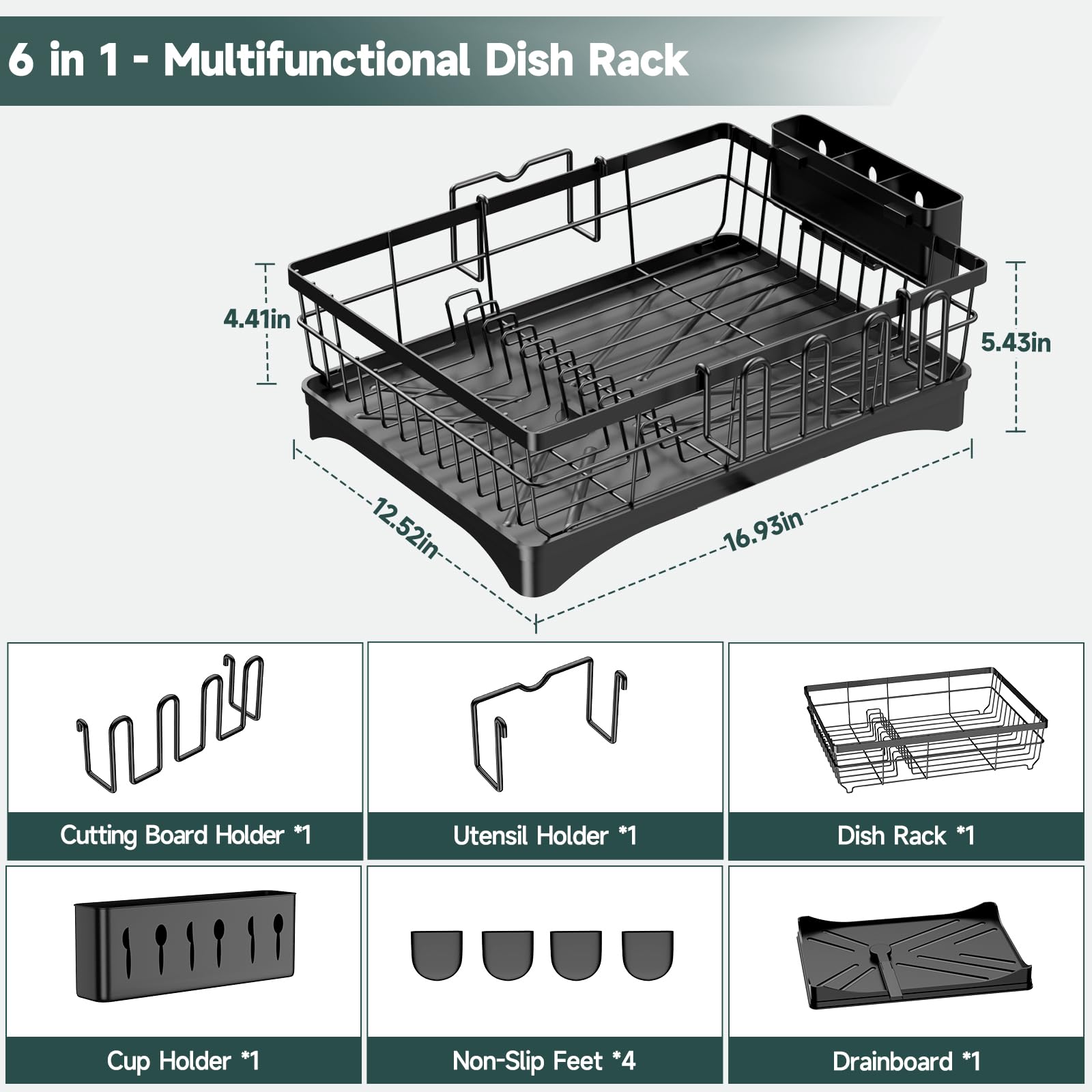 Dish Drying Rack, Stainless Steel Dish Rack, Large 1 Tier Drying Rack, Kitchen Counter Dish Rack Durable, Dish Drainer with Drainboard Over Sink for Cups, Knives, Spoons, and Forks (L16.9"*W12.5")