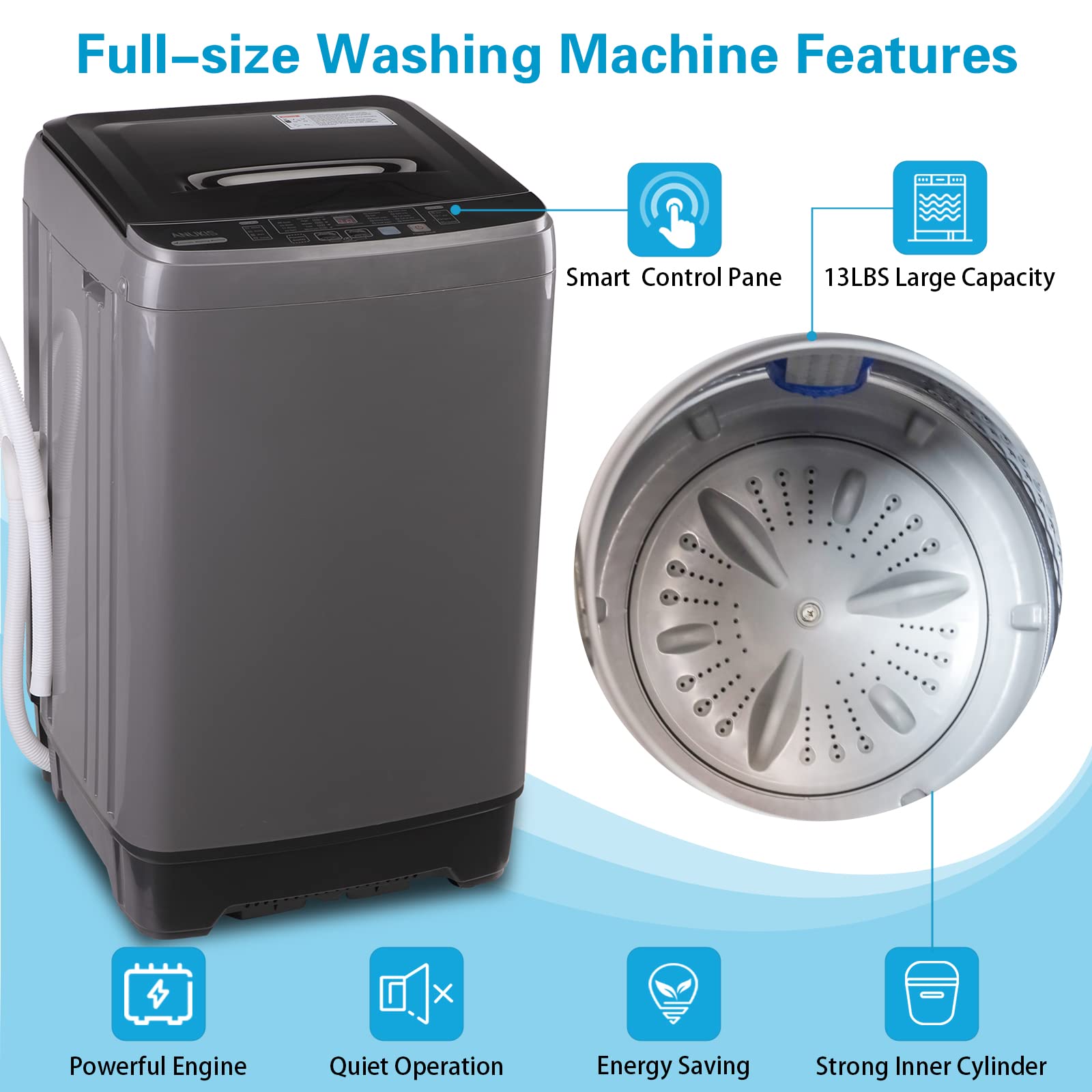 Anukis Fully Automatic Portable Washing Machine, 13 lbs Capacity Compact Laundry Washer with Drain Pump 10 Wash Program & 8 Water Levels for Apartment, Dorm, RV, Grey