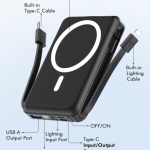 podoru Wireless Portable Charger, 10000mAh Magnetic Power Bank Built-in USB C Lighting Cables 22.5W PD Fast Charging LED Display Mag-Safe Battery Pack for iPhone 15/14/13/12/Mini/Pro/Pro Max - Black