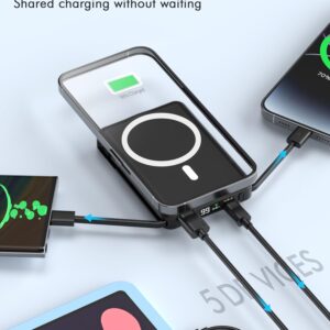 podoru Wireless Portable Charger, 10000mAh Magnetic Power Bank Built-in USB C Lighting Cables 22.5W PD Fast Charging LED Display Mag-Safe Battery Pack for iPhone 15/14/13/12/Mini/Pro/Pro Max - Black