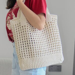 ENBEI Womens Large Beach Tote Bags Shoulder Handbags knit bag Tote bag aesthetic for Beach Crocheted tote cute Tote bags (white)