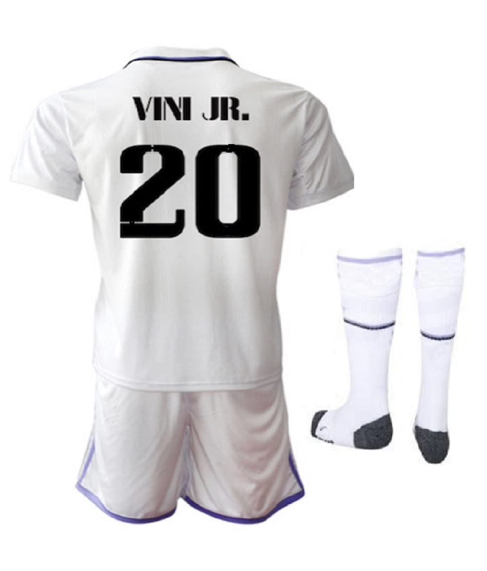 Madrid Home Vinicius Kids Jersey + Shorts + Socks Set Kit Size Small (6-7 Years Old) For Youth