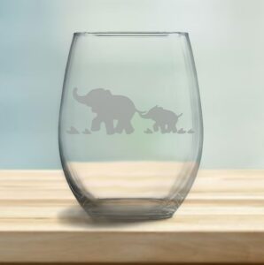 mother and baby elephant etched stemless wine glasses - set of 2/4/6/8-20.5oz glassware for animal lovers and wine enthusiasts (set of two (2))