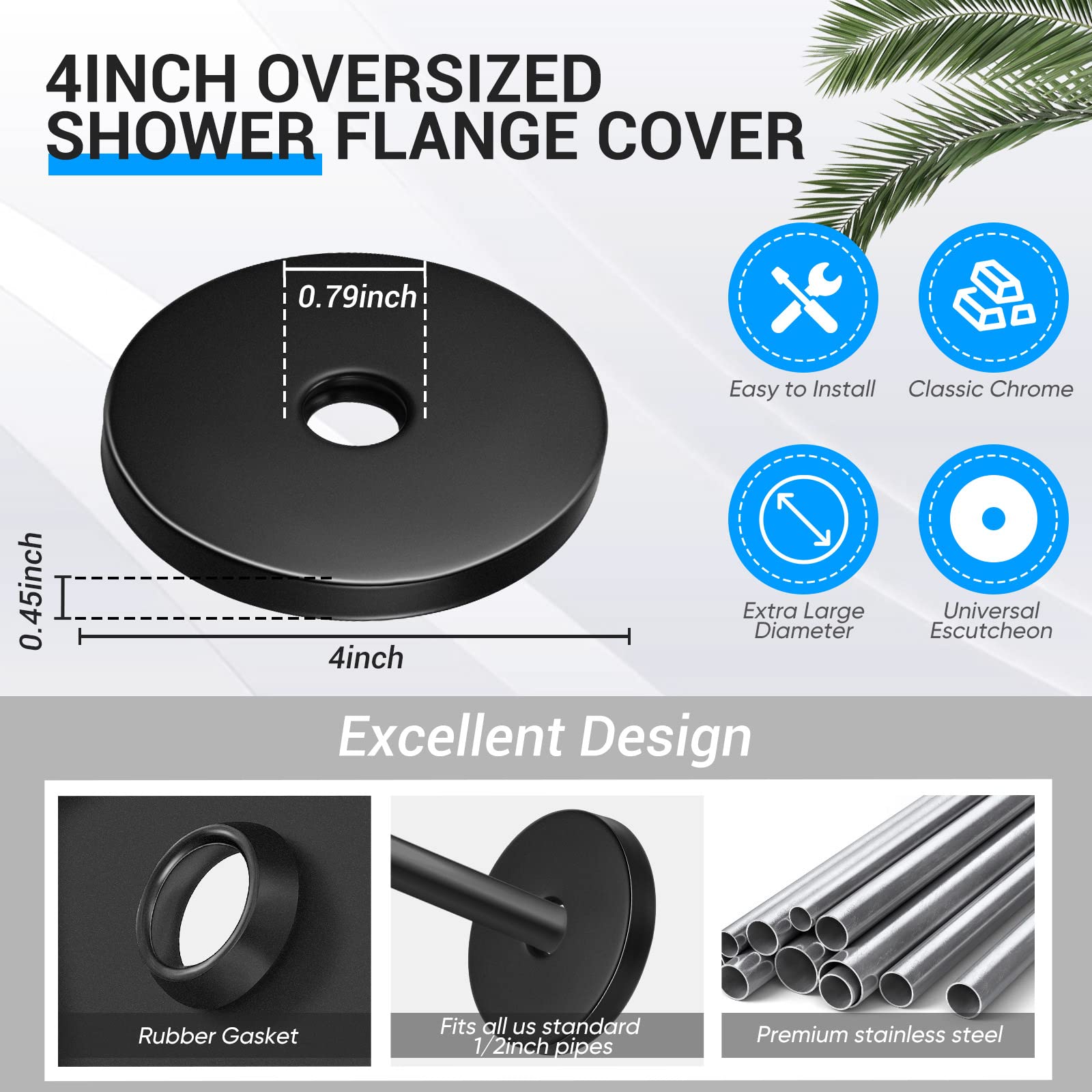 LEIFIDE Extra Large Shower Arm Flange 4 Outer Diameter Universal Replacement Modern Shower Arm Large Escutcheon Plate Suitable for Most Brands Shower Head Arms, Matte Black