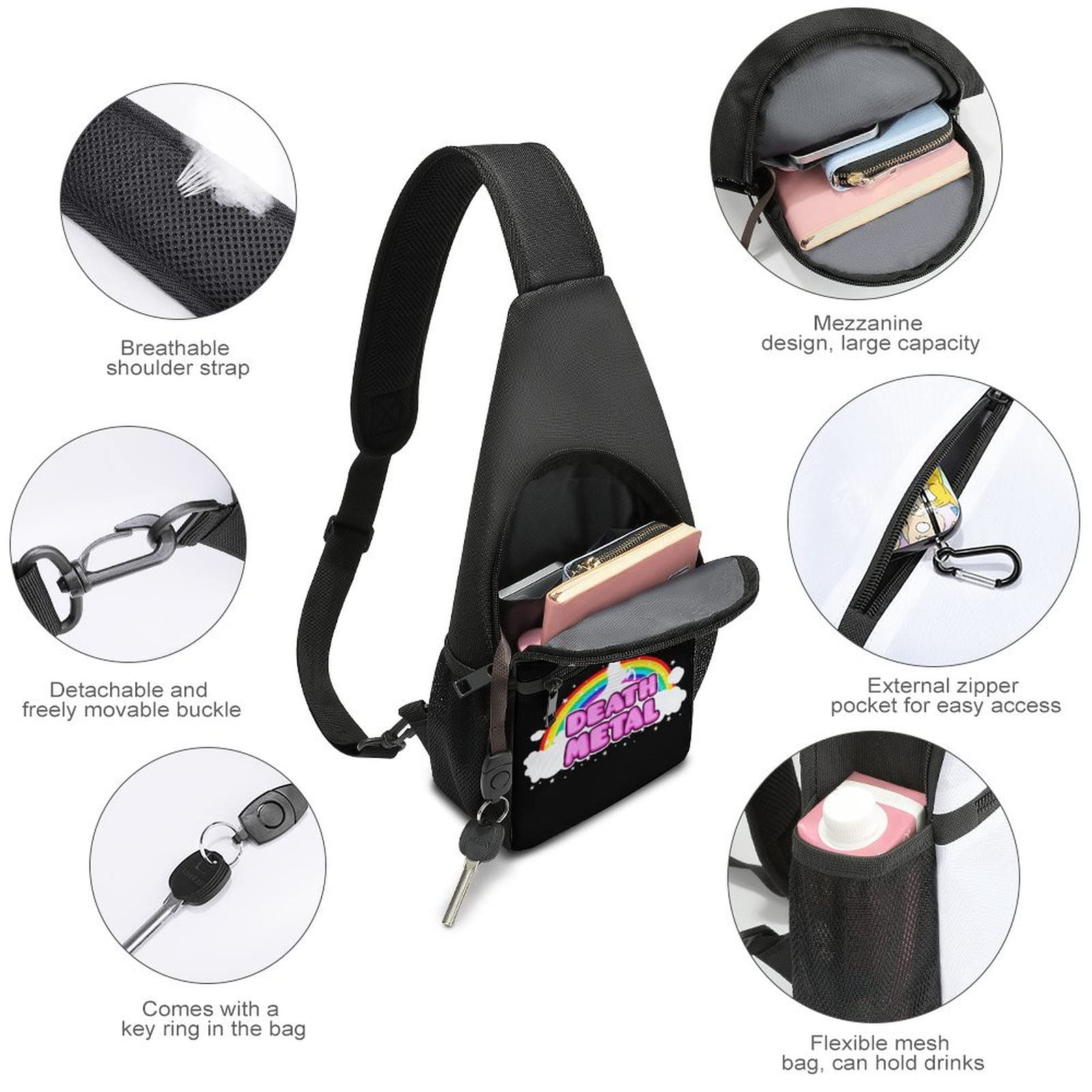 Unicorn Death Metal Trendy Sling Bag Casual Crossbody Shoulder Backpack Lightweight Chest Bag for Travel Hiking