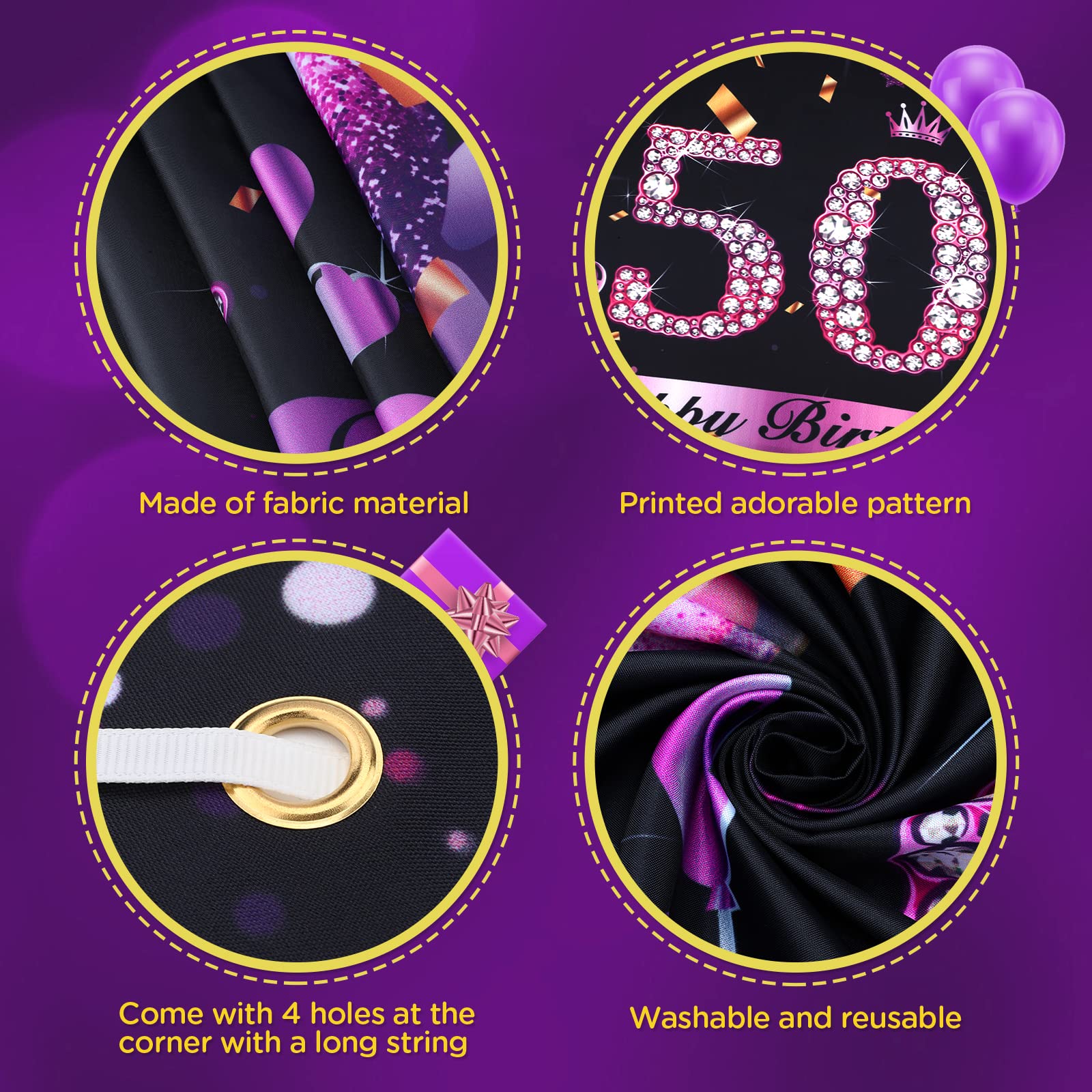 Happy 50th Birthday Banner for Women Purple 50th Birthday Decorations Purple Black Gold 50th Happy Birthday Sign 50 Year Old Birthday Backdrop Banner for Women Men 50th Birthday Party Supplies