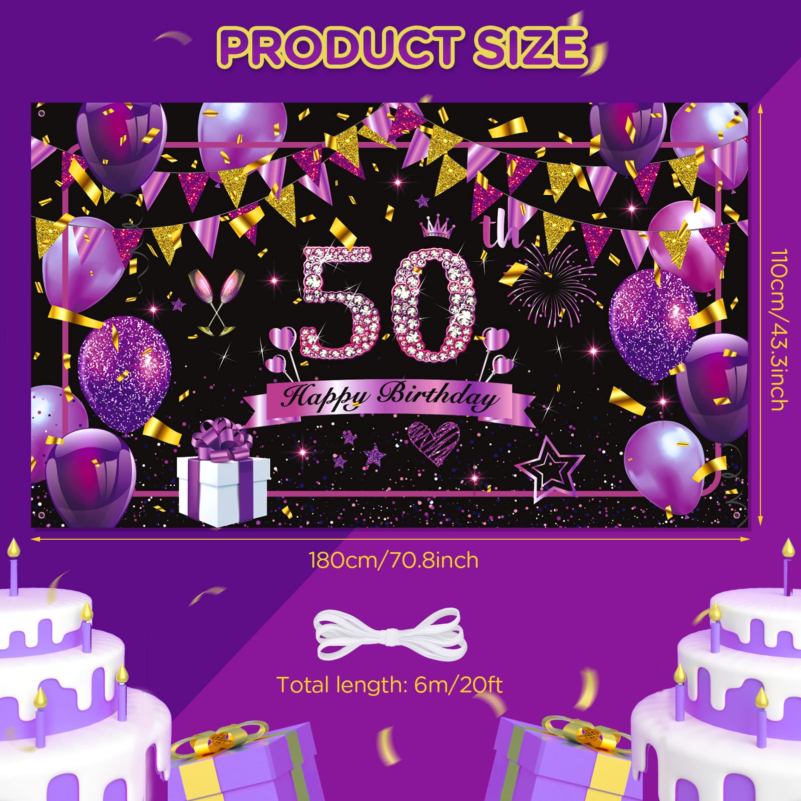 Happy 50th Birthday Banner for Women Purple 50th Birthday Decorations Purple Black Gold 50th Happy Birthday Sign 50 Year Old Birthday Backdrop Banner for Women Men 50th Birthday Party Supplies