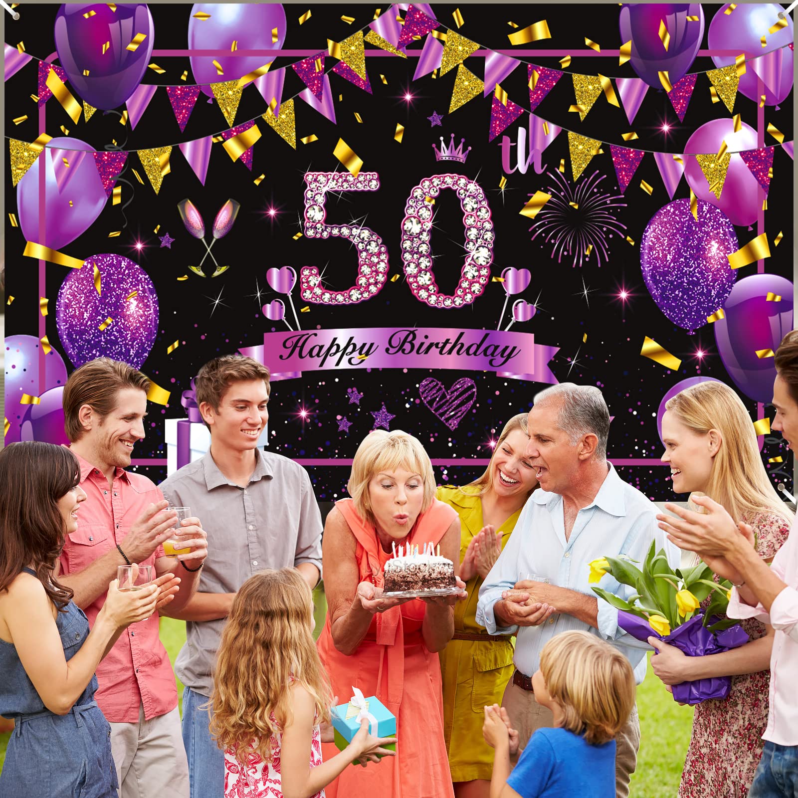 Happy 50th Birthday Banner for Women Purple 50th Birthday Decorations Purple Black Gold 50th Happy Birthday Sign 50 Year Old Birthday Backdrop Banner for Women Men 50th Birthday Party Supplies