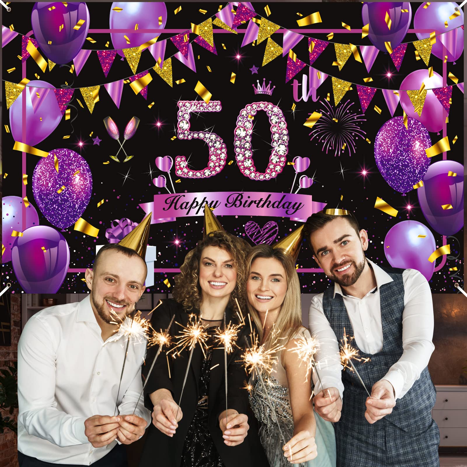 Happy 50th Birthday Banner for Women Purple 50th Birthday Decorations Purple Black Gold 50th Happy Birthday Sign 50 Year Old Birthday Backdrop Banner for Women Men 50th Birthday Party Supplies