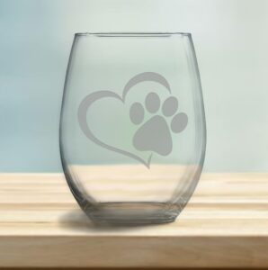 heart with paw print etched stemless wine glasses - set of 2/4/6/8-20.5oz glassware (set of four (4))