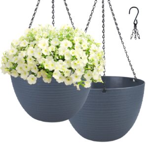 summer flower 2 pack 9.9 inch self watering hanging, deep planters hanging pots for indoor outdoor plants hanging baskets hanging plant holder plant hanger for flower garden porch ceiling (dark gray)