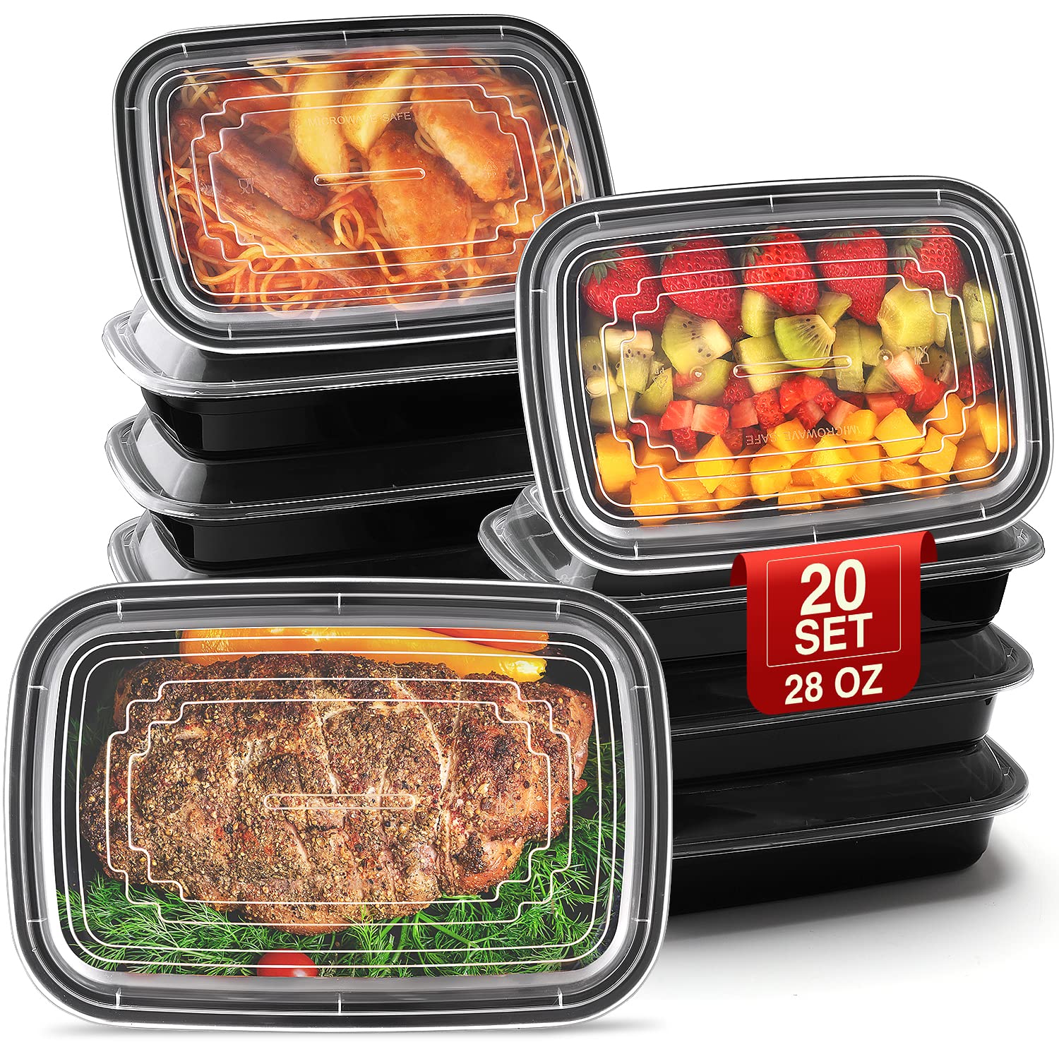 Eupako 20 Sets 28 oz Meal Prep Container Reusable - Plastic-Food-Storage-Containers-with-Lids, Disposable To Go Containers, Portion Control - Microwave, Dishwasher, Freezer Safe (1 Compartment)