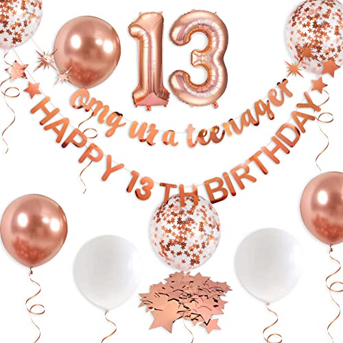 Rose Gold Omg Ur A Teenager Happy 13th Birthday Banner Garland Foil Balloon 13 for 13 Birthday Decorations Official Teenager 13th Birthday Decor for Teen Girls 13 Year Old Birthday Party Supplies