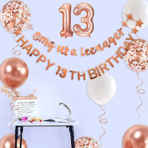 Rose Gold Omg Ur A Teenager Happy 13th Birthday Banner Garland Foil Balloon 13 for 13 Birthday Decorations Official Teenager 13th Birthday Decor for Teen Girls 13 Year Old Birthday Party Supplies