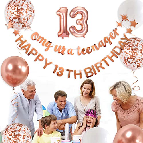 Rose Gold Omg Ur A Teenager Happy 13th Birthday Banner Garland Foil Balloon 13 for 13 Birthday Decorations Official Teenager 13th Birthday Decor for Teen Girls 13 Year Old Birthday Party Supplies