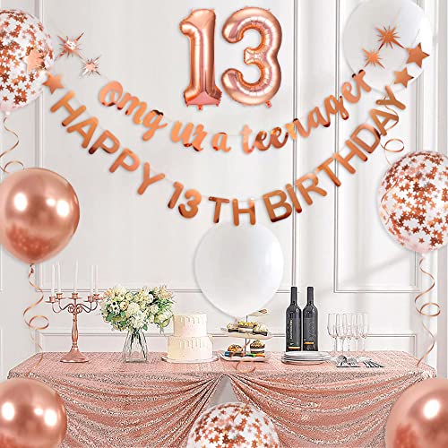 Rose Gold Omg Ur A Teenager Happy 13th Birthday Banner Garland Foil Balloon 13 for 13 Birthday Decorations Official Teenager 13th Birthday Decor for Teen Girls 13 Year Old Birthday Party Supplies