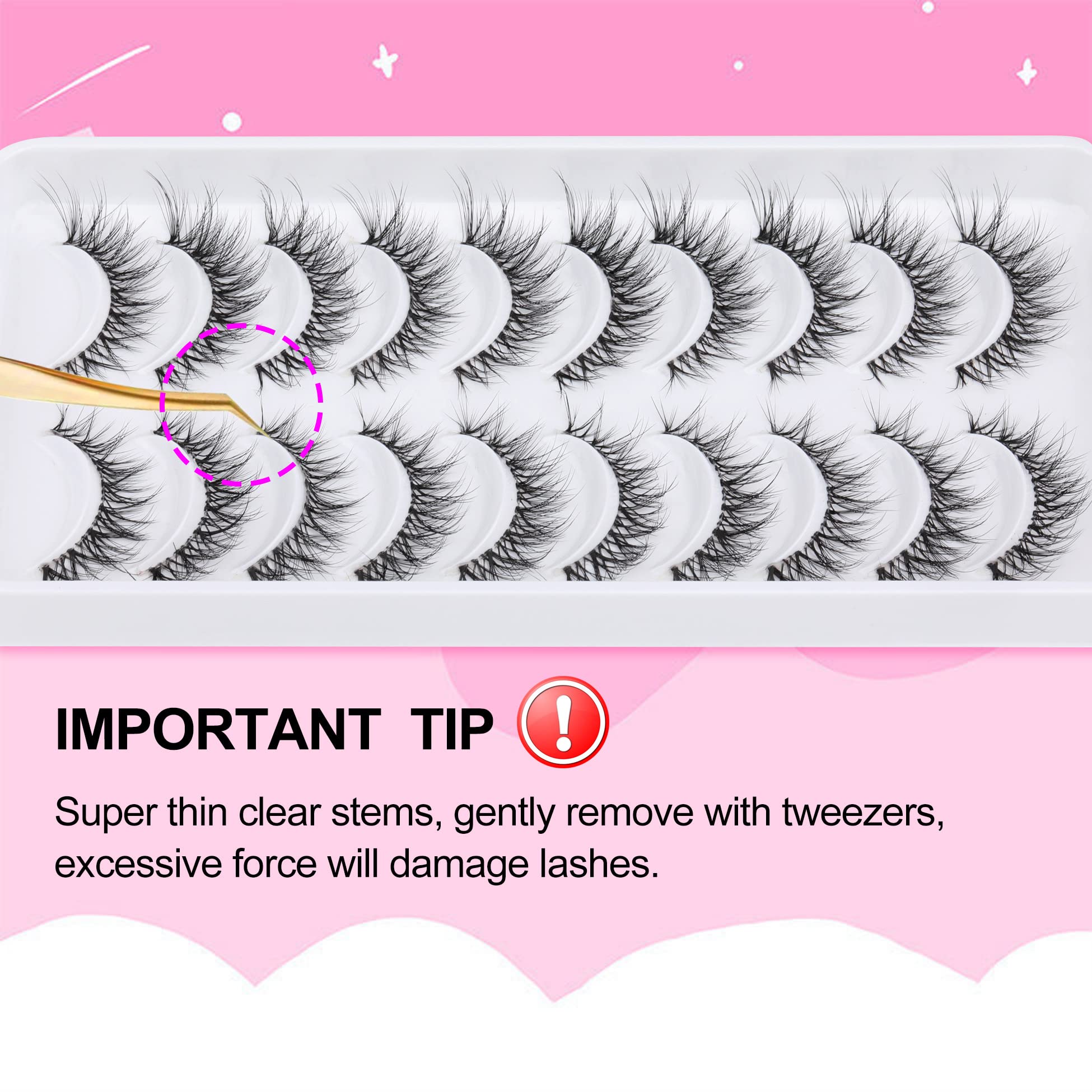 Lashes Natural Look Wispy Eyelashes Clear Band Lashes Cluster Short Mink Fluffy Fox Eye 15mm Lash Extensions Cat Eye False Eyelashes Pack, 10 Pairs, Not Fall Apart