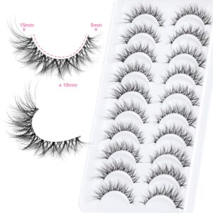 Lashes Natural Look Wispy Eyelashes Clear Band Lashes Cluster Short Mink Fluffy Fox Eye 15mm Lash Extensions Cat Eye False Eyelashes Pack, 10 Pairs, Not Fall Apart