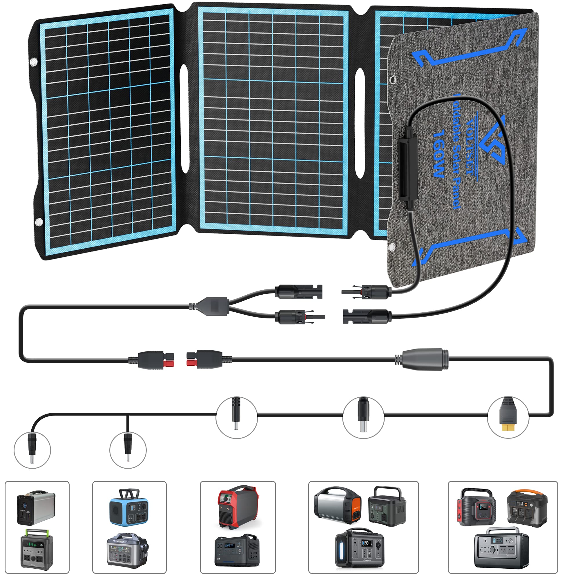 Voltset 160W Portable Solar Panels, Foldable Solar Panel Charger of ETFE 23.5% High Efficiency with Adjustable Kickstand, Waterproof IP68 for Mobile Power Station RV Camping Off Grid