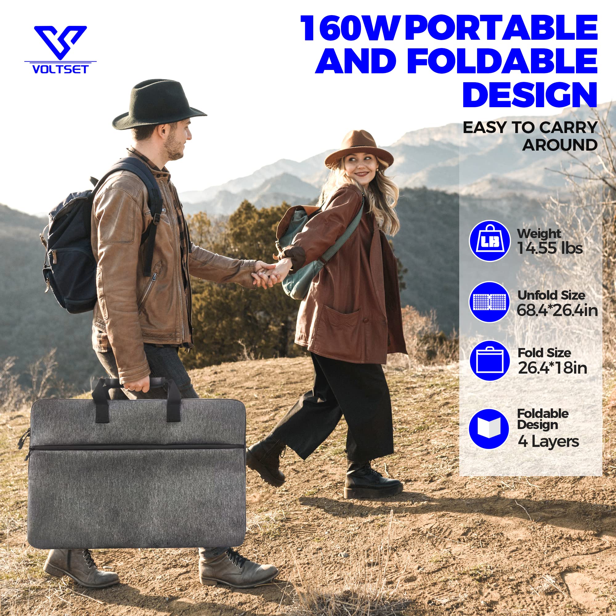 Voltset 160W Portable Solar Panels, Foldable Solar Panel Charger of ETFE 23.5% High Efficiency with Adjustable Kickstand, Waterproof IP68 for Mobile Power Station RV Camping Off Grid