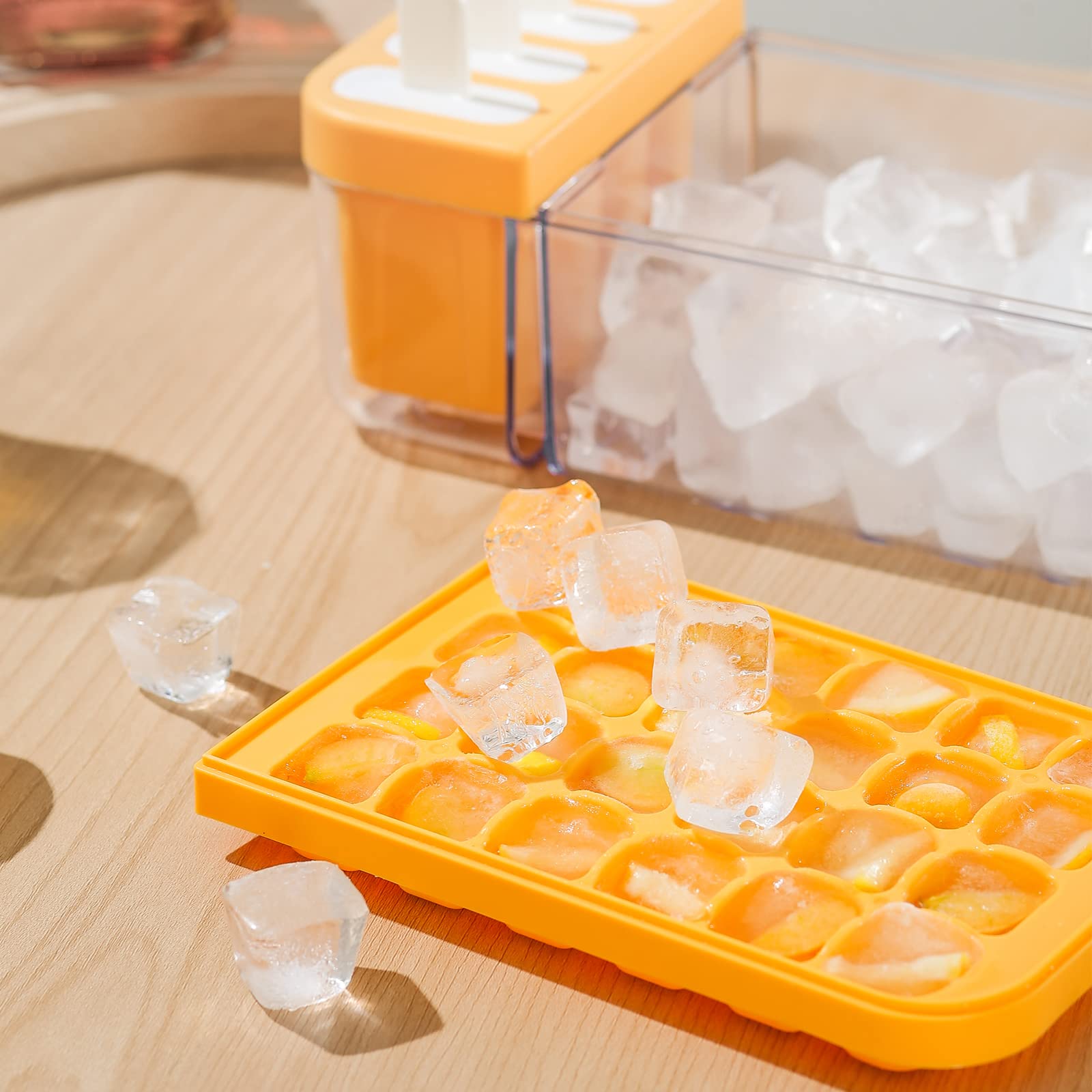 Ice Cube Tray with Lid and Bin for Freezer Container,4 Pcs Popsicle Molds And 24 pcs Ice Cubes Molds for Refrigerator With Easy Release,Spill-Resistant Removable Lid & Ice Scoop for Whiskey,Cocktail