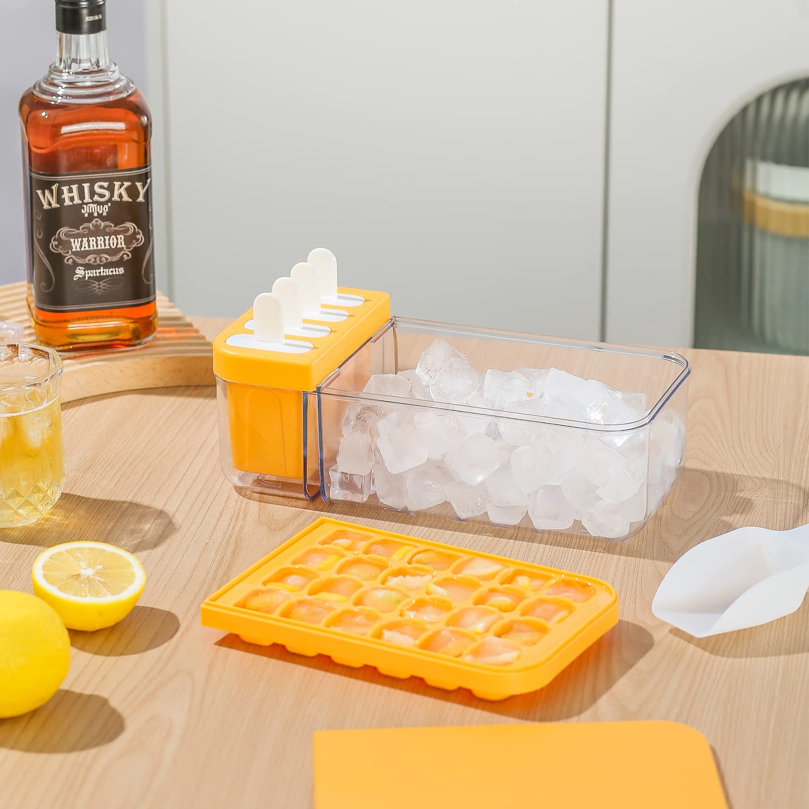 Ice Cube Tray with Lid and Bin for Freezer Container,4 Pcs Popsicle Molds And 24 pcs Ice Cubes Molds for Refrigerator With Easy Release,Spill-Resistant Removable Lid & Ice Scoop for Whiskey,Cocktail