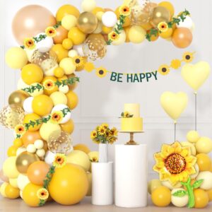 sunflower birthday party decorations, 114pcs sunflower yellow balloons garland arch kit with sunflower garland be happy banner for lemon honeybee daisy sunflower sunset sunshine baby shower decoration