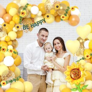 Sunflower Birthday Party Decorations, 114Pcs Sunflower Yellow Balloons Garland Arch Kit with Sunflower Garland BE HAPPY Banner for Lemon Honeybee Daisy Sunflower Sunset Sunshine Baby Shower Decoration