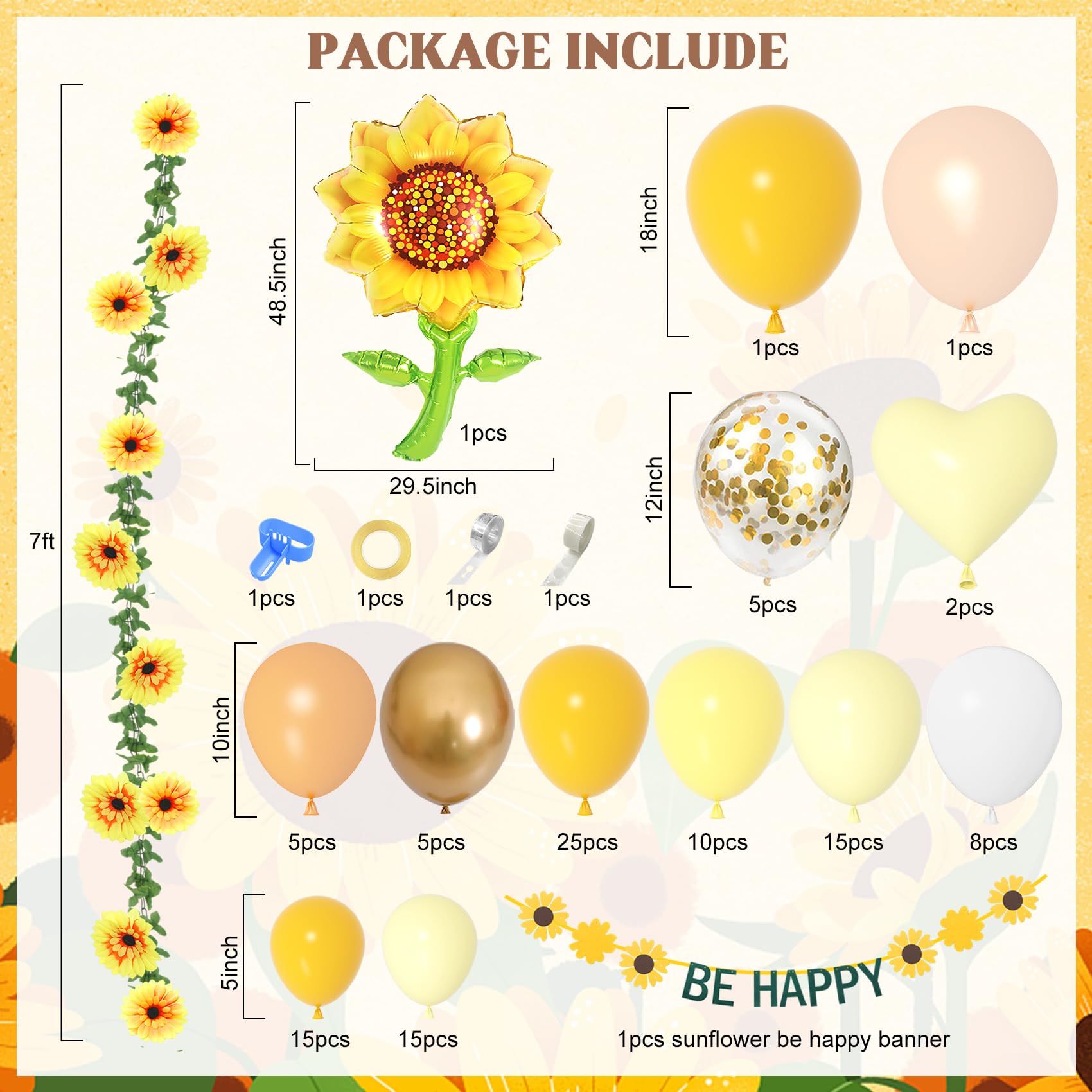 Sunflower Birthday Party Decorations, 114Pcs Sunflower Yellow Balloons Garland Arch Kit with Sunflower Garland BE HAPPY Banner for Lemon Honeybee Daisy Sunflower Sunset Sunshine Baby Shower Decoration