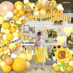 Sunflower Birthday Party Decorations, 114Pcs Sunflower Yellow Balloons Garland Arch Kit with Sunflower Garland BE HAPPY Banner for Lemon Honeybee Daisy Sunflower Sunset Sunshine Baby Shower Decoration