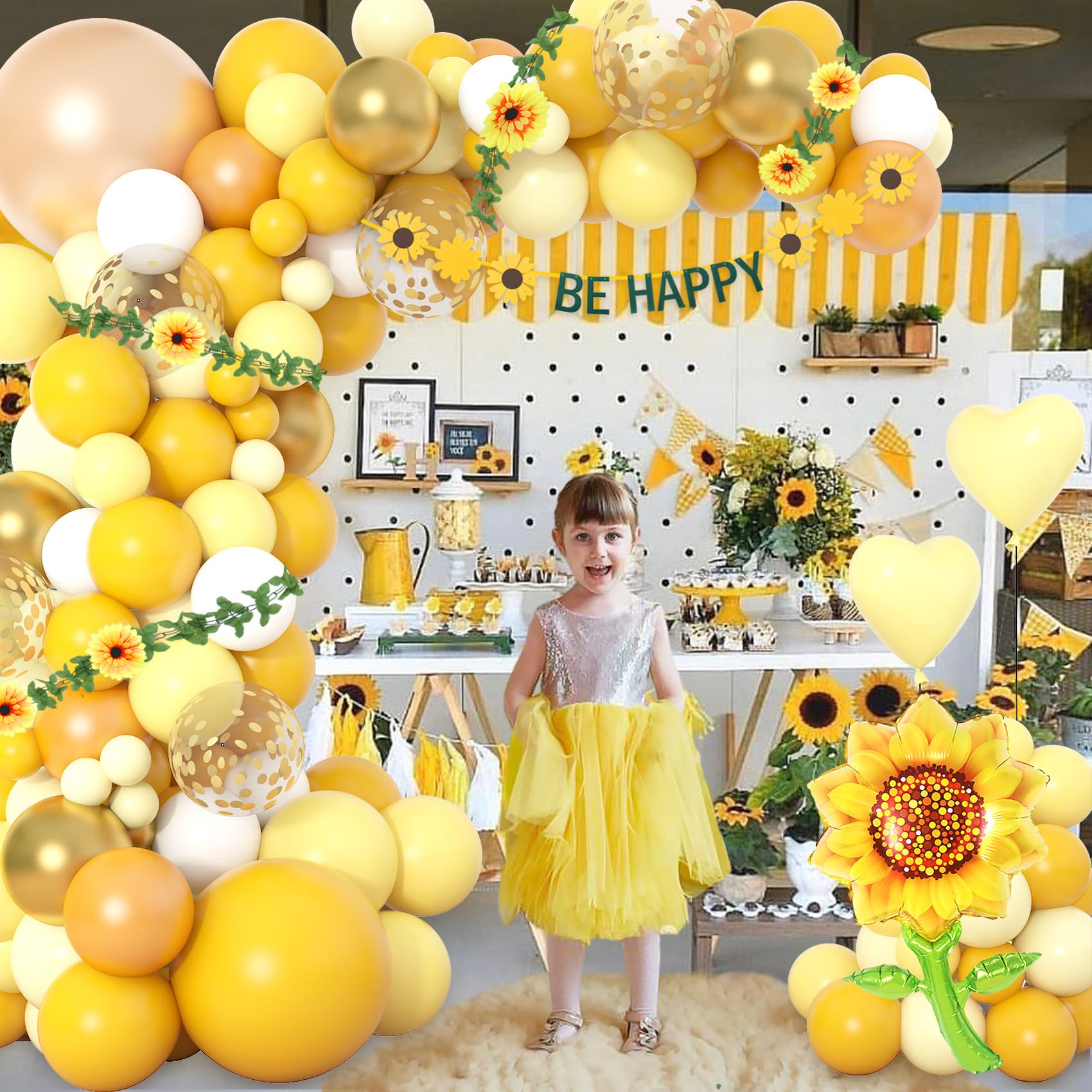 Sunflower Birthday Party Decorations, 114Pcs Sunflower Yellow Balloons Garland Arch Kit with Sunflower Garland BE HAPPY Banner for Lemon Honeybee Daisy Sunflower Sunset Sunshine Baby Shower Decoration