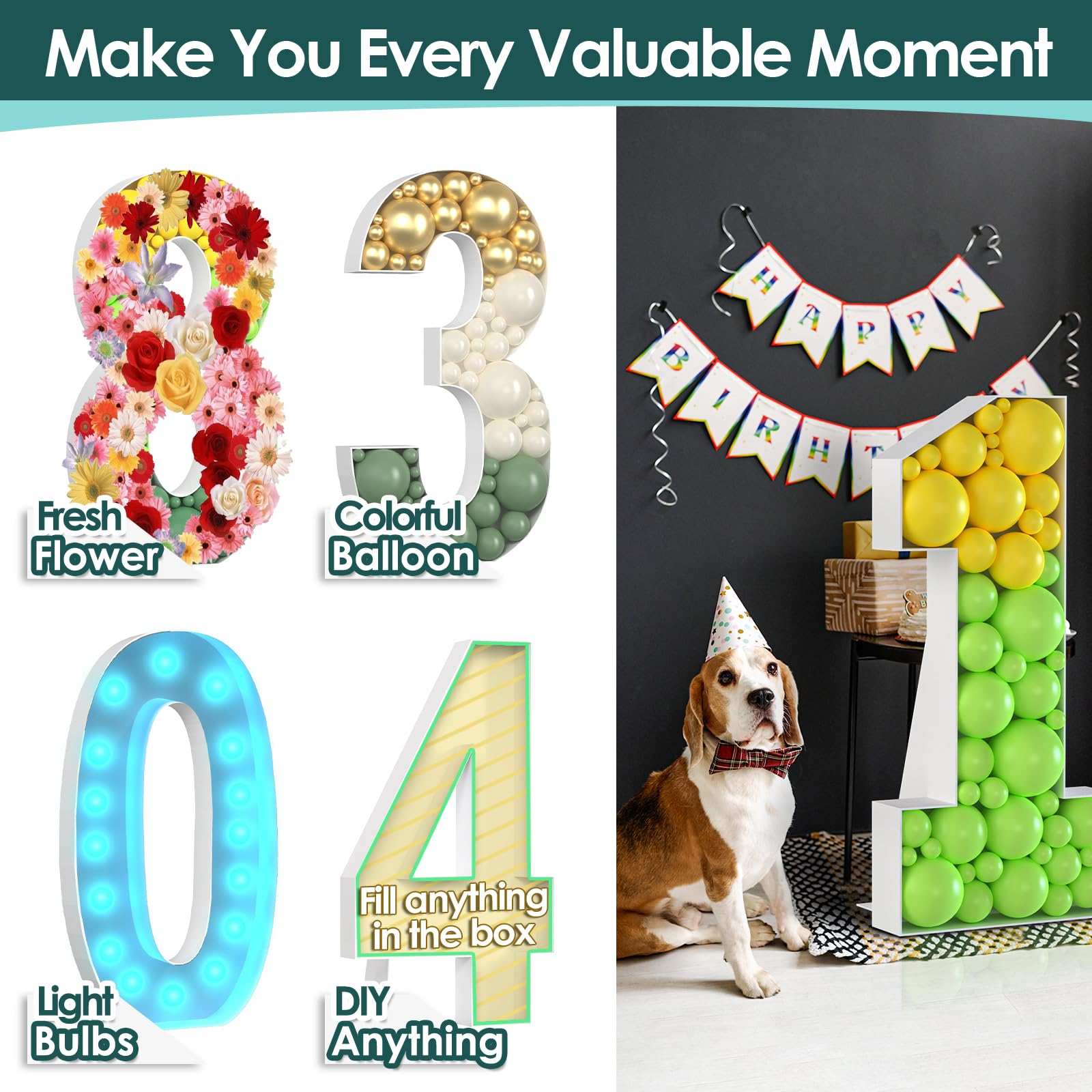 NISOCY 4FT Mosaic Numbers for Balloons, Marquee Light up Numbers for Party 4 Feet Tall, Giant Number 1 Pre-Cut Kit Thick Foam for Baby Birthday Boy Girl Party Anniversary Decorations