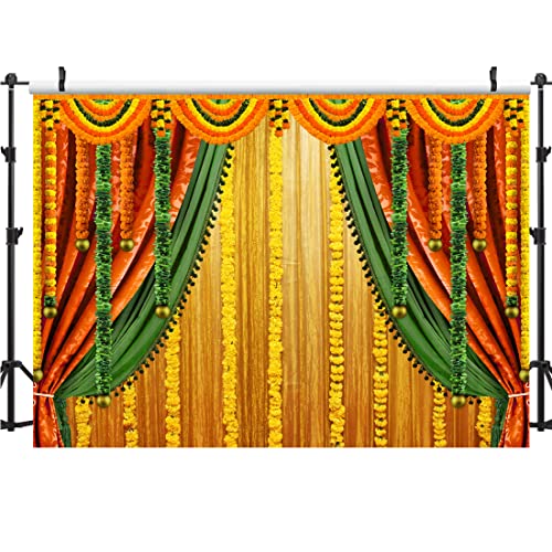 Lofaris India Pooja Photography Backdrop Puja Ganpati Pooja Traditional Mehndi Festival Background Diwali Decorations Wedding Party Marigold Garlands Photo Props 5x3ft