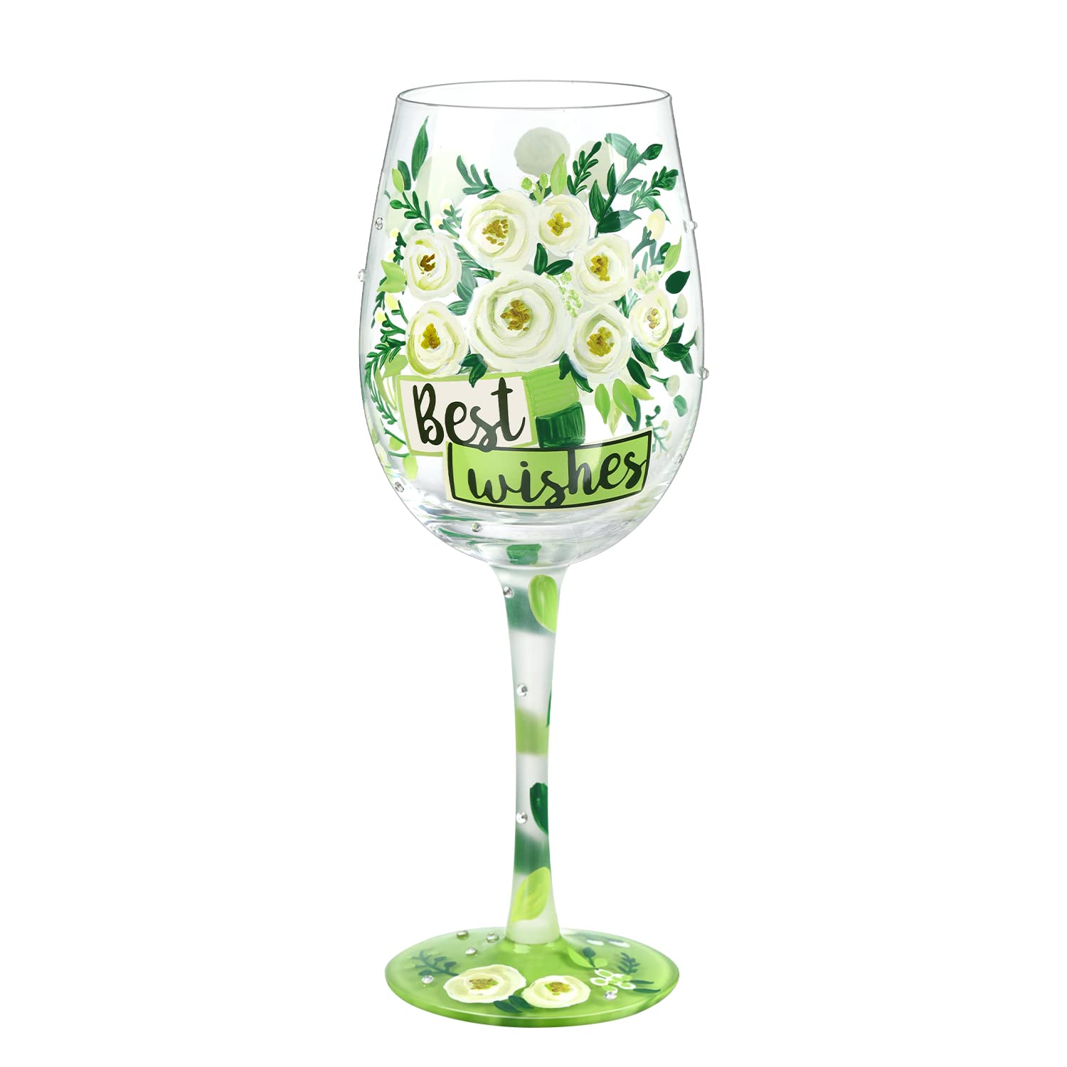 NymphFable Hand Painted Wine Glasses 15oz Rose Flower Wine Glass,Green Wine Glass Birthday Wedding Engagement Gifts for Women