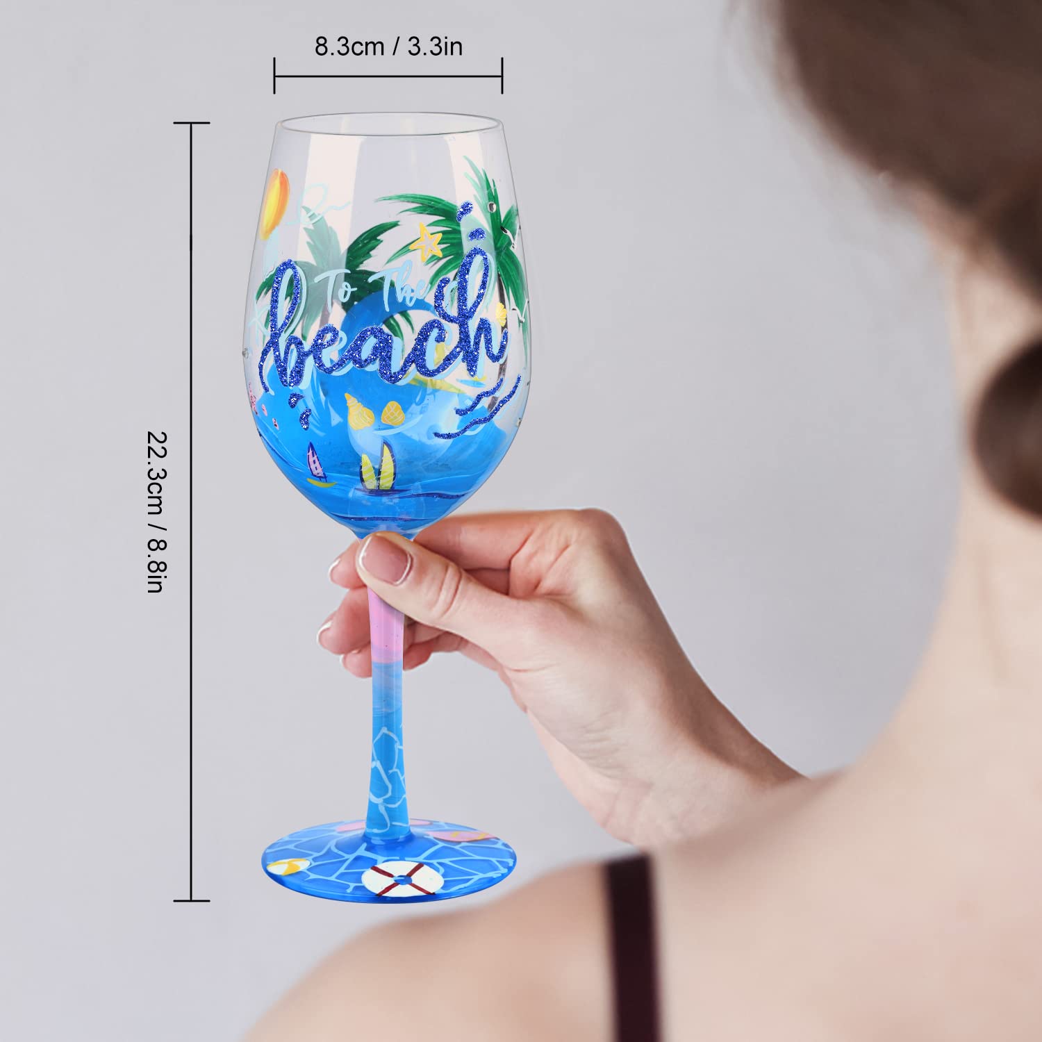 NymphFable Beach Wine Glasses 15oz Hand Painted Colorful Wine Glasses, Blue Sea Beach Themed Gift for Women Men