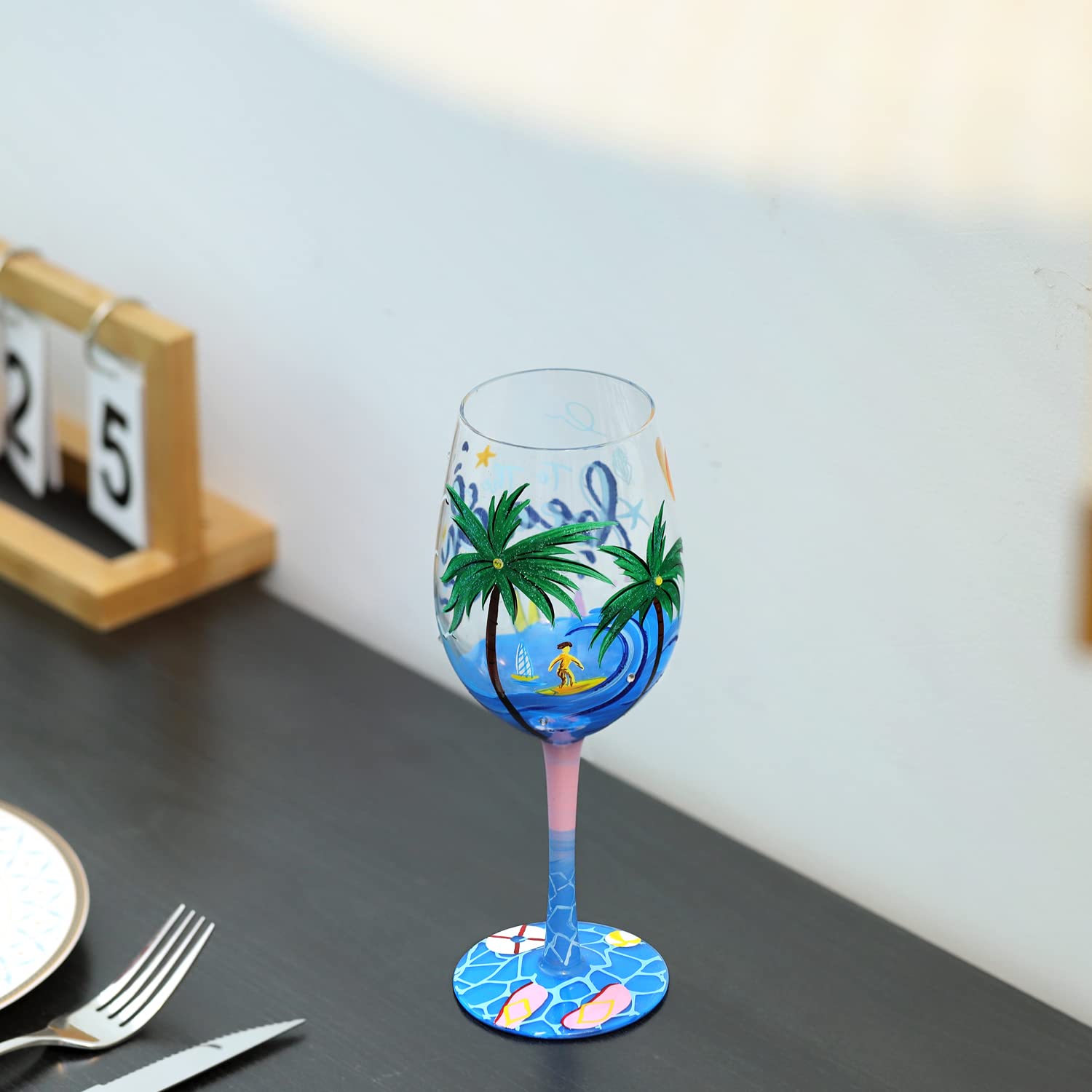 NymphFable Beach Wine Glasses 15oz Hand Painted Colorful Wine Glasses, Blue Sea Beach Themed Gift for Women Men