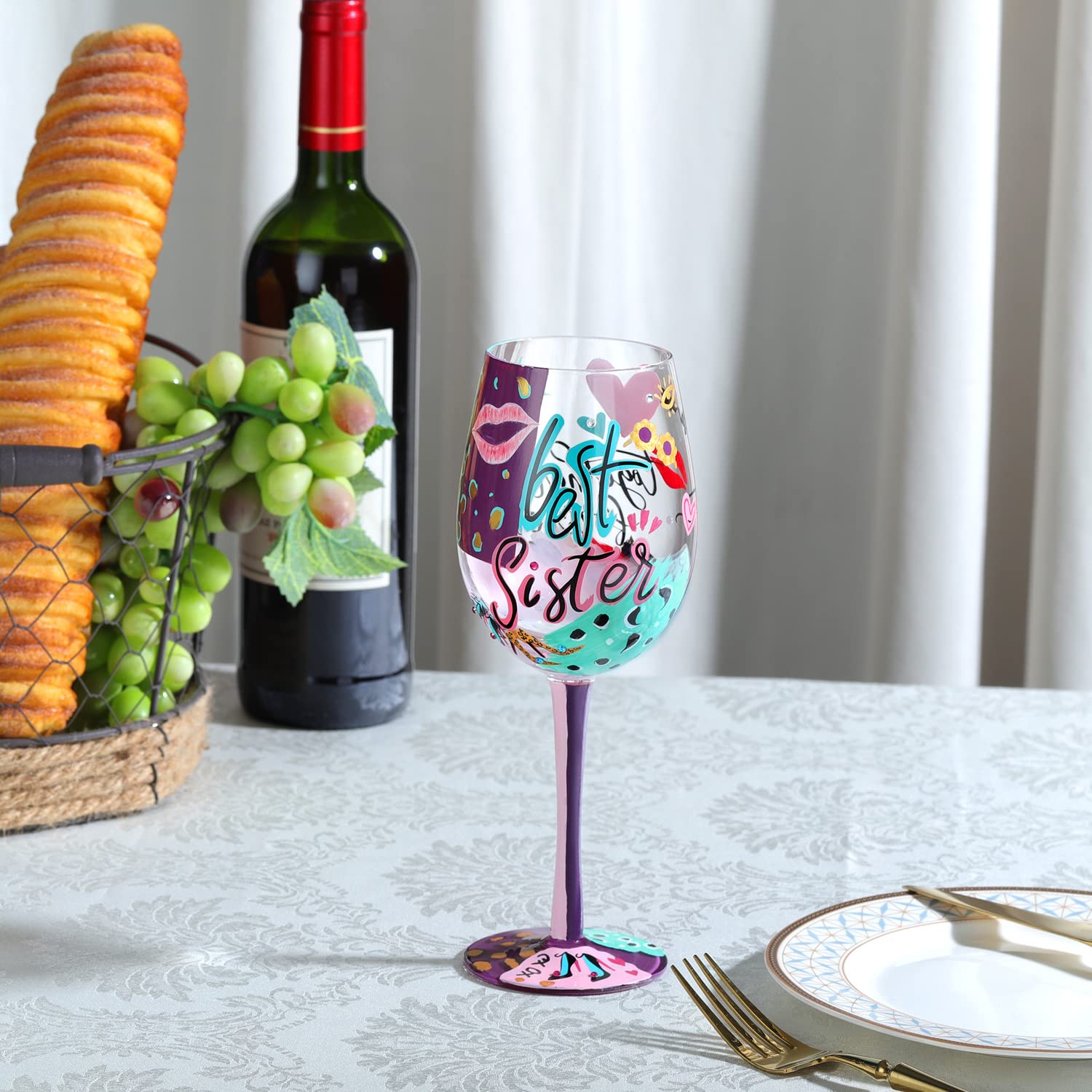 NymphFable Hand Painted Wine Glass, Funny Sisters Birthday Gifts from Sister,15oz Unique Sister In Law Birthday Gifts