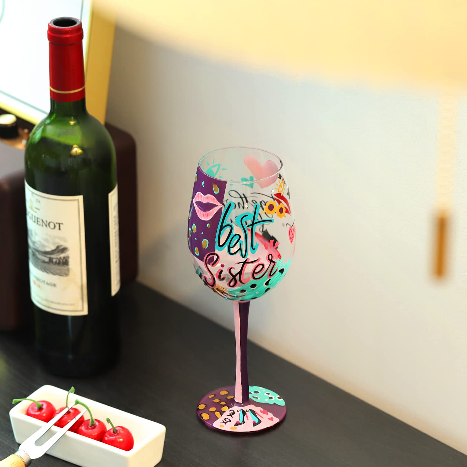 NymphFable Hand Painted Wine Glass, Funny Sisters Birthday Gifts from Sister,15oz Unique Sister In Law Birthday Gifts