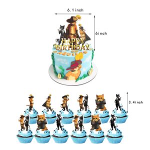 Puss In Boots Party Supplies, 1pcs Happy Birthday Photography Backdrop, 18pcs Pattern Balloons, 1 Banner, 1 Cake Topper, 12 pcs cupcake Toppers Happy Birthday Party Cute Decorations