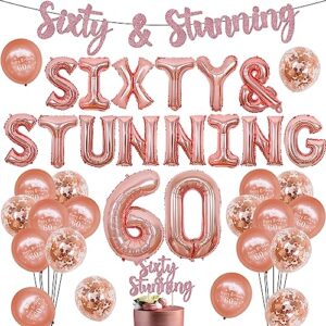 wonmelody funny 60th birthday decorations rose gold stunning glitter birthday decor sixty & stunning glitter cake topper banner rose gold sixty & fabulous happy 60th birthday decor for women