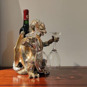 HEINBOW Steampunk Dragon Wine Bottle Wine Holder Statue with Two Wine Glasses Holder Wine Rack Gothic Decor Metallic Look for Home Man Cave Decor Gifts for Men 11.6''High